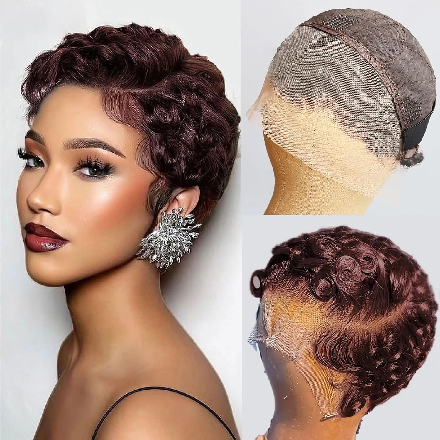 Dark Auburn Burgundy Curly Pixie Cut Lace Front Wig 99J Burgundy 13x4 ...