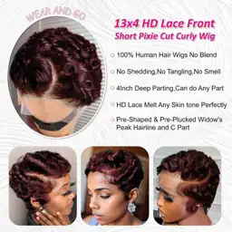 Dark Auburn Burgundy Curly Pixie Cut Lace Front Wig 99J Burgundy 13x4 ...